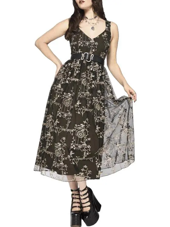 DISTURBIA Stellar Vine Embroidery Midi Dress - Green