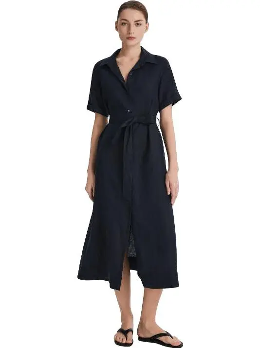 OROLAY Classic Linen Shirt Maxi Dress With Adjustable Waist Tie - Navy