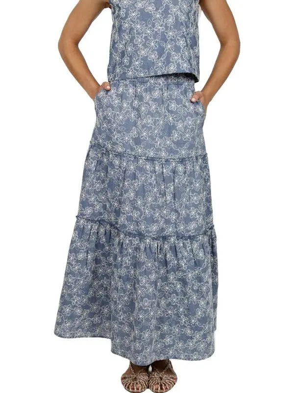 LEISURE LAB Cambria Tiered Midi Skirt With Floral Embroidery - Pacfic Bloom