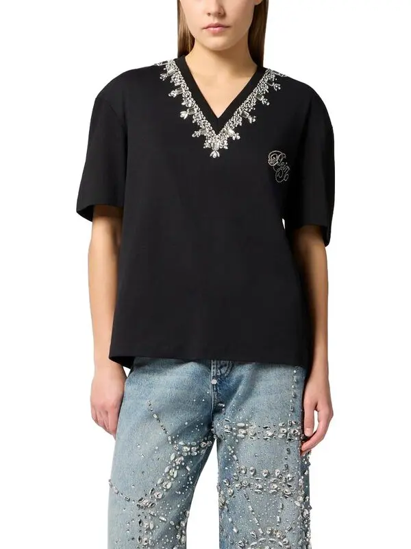 Philipp Plein Fit V-neck T-shirt Crystals - Black