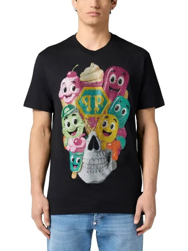Philipp Plein Round Neck T-shirt Little Ice Cream Skull - Black