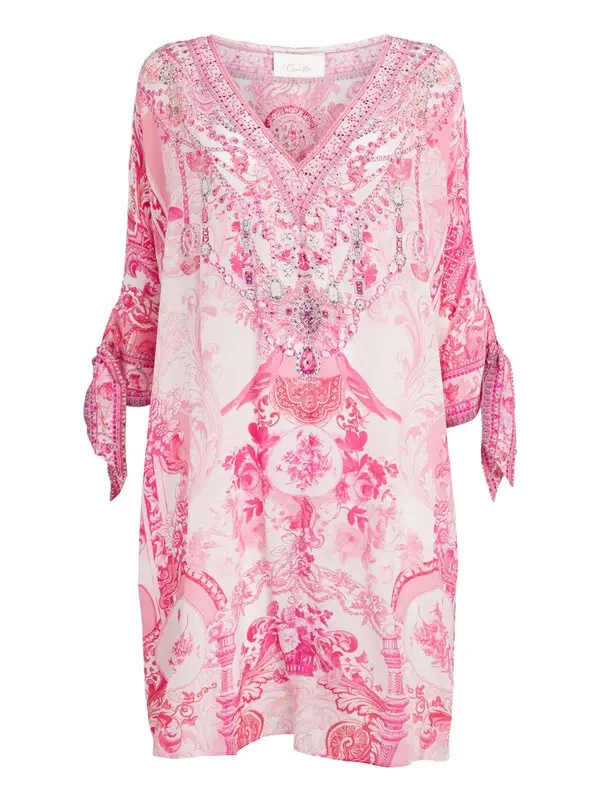 Camilla Silk Embellished Mini Kaftan - Pink