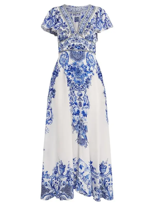 Camilla Silk Printed Midi Dress - Blue