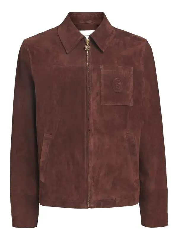 Drole De Monsieur Suede Zip-up Jacket With Pointed Collar And Logo Emblem - Brown