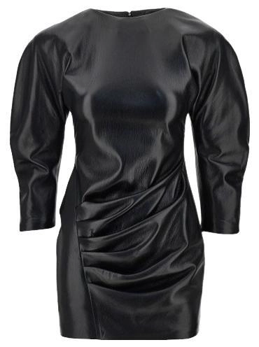 Andamane Round Neck Gathered Long Sleeve Dress - Black