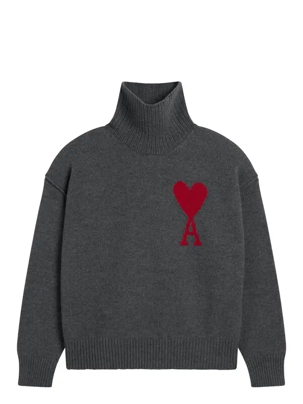 AMI Paris Wool Turtleneck Sweater With De Coeur Logo - Gray