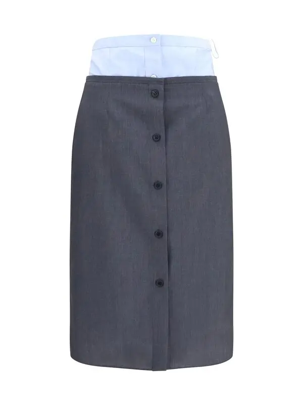 Prada Double-layer Midi Skirt In Cotton And Linen - Gray
