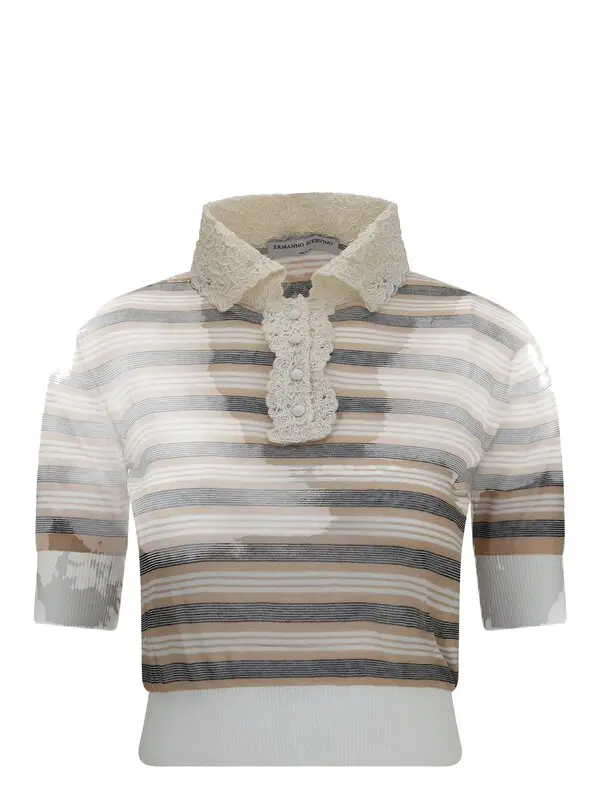 ERMANO SCERVINO Ermanno Scervino Striped Lace-collar Short-sleeve Knit Top - Cream