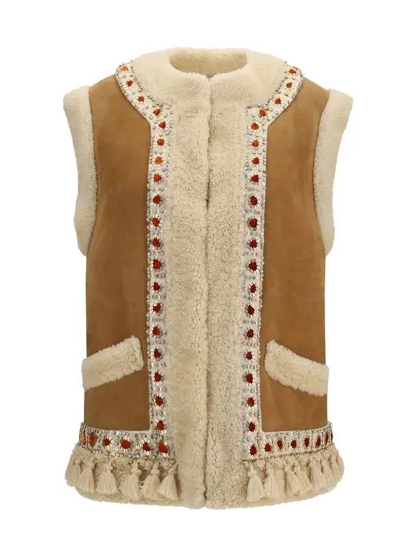 Valentino Garavani Suede And Fur Vest With Embellishments - Cream