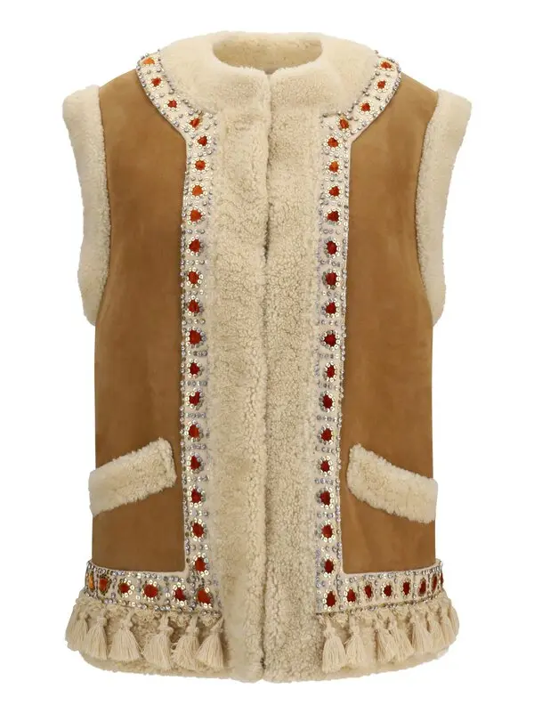 Valentino Garavani Suede And Fur Vest With Embellishments - Cream
