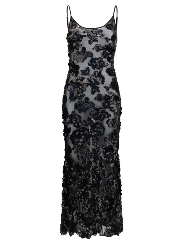 NISSA Long Sequin Embellished Maxi Dress - Black