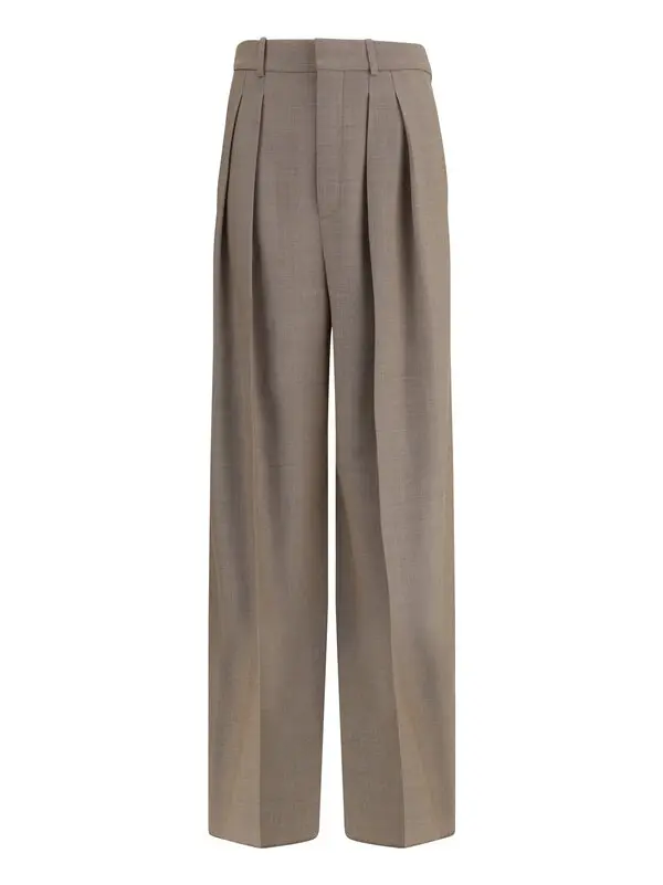 Saint Laurent Wide Leg Wool Pleated Pants - Cream