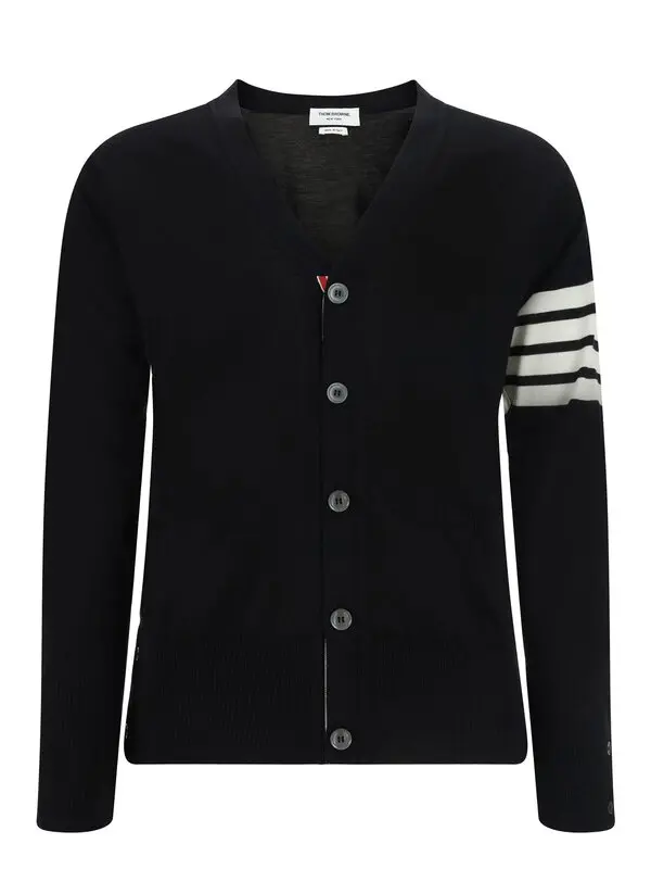 Thom Browne Virgin Wool V-neck Cardigan With Signature Stripes - Black