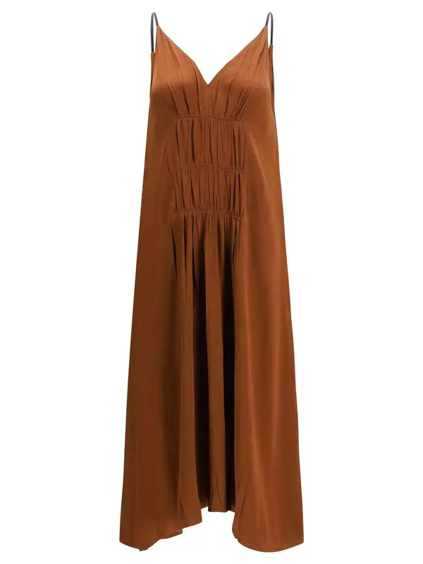 Prada V-neck Gathered Long Dress - Brown