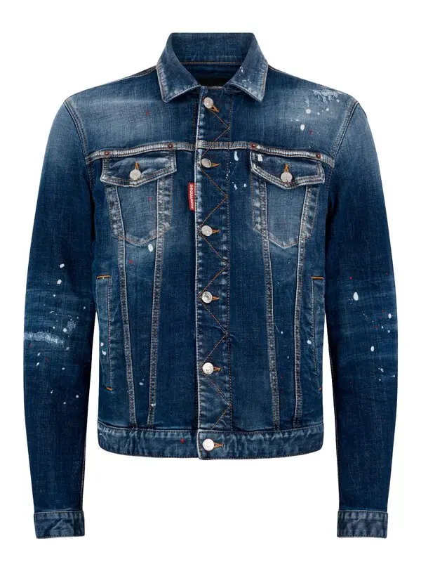Dsquared2 Distressed Denim Trucker Jacket With Paint Splatter - Blue