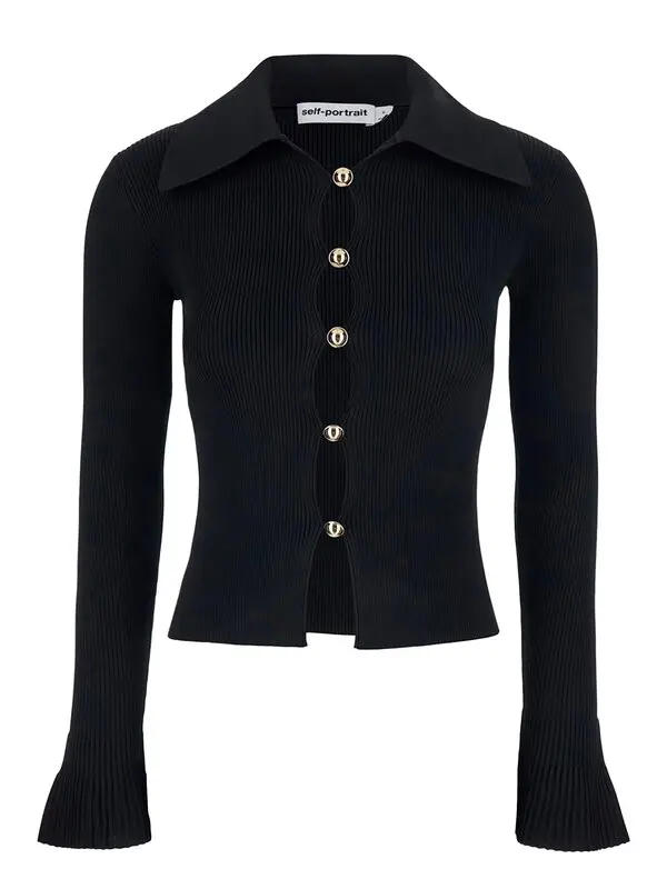 SELF-PORTRAIT Ribbed Knit Cardigan With Gold-tone Buttons - Black