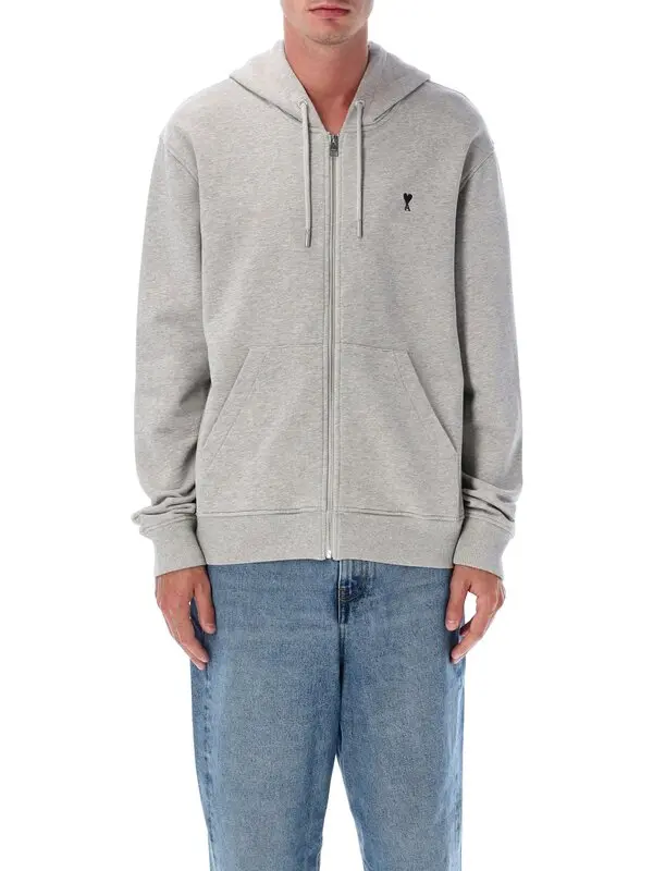 AMI Paris Zip-front Loopback Cotton Hoodie With Of Coeur Embroidery - Grigio