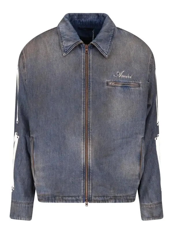 Amiri Zip-front Denim Jacket With Embroidered Detail - Grey
