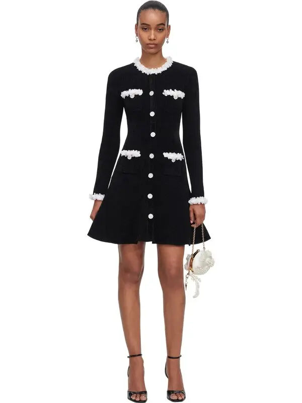 SELF-PORTRAIT Button-front Dress With Floral Trim - Nero