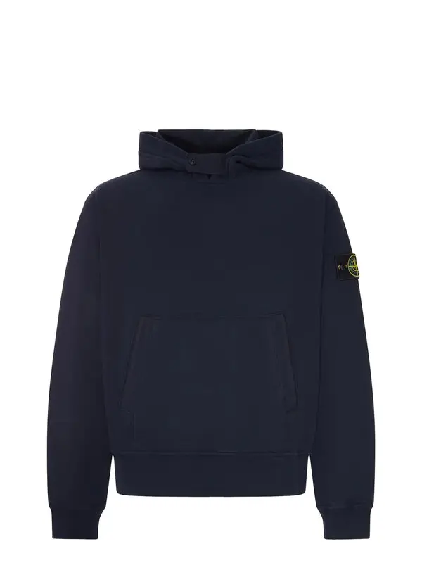 Stone Island Inspired Hooded Sweatshirt With Snap-button Collar And Kangaroo Pockets - Blu
