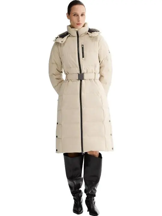 OROLAY Celeste Long Hooded Belted Down Coat - Beige