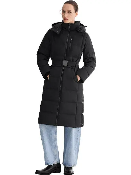OROLAY Celeste Long Hooded Belted Down Coat - Black
