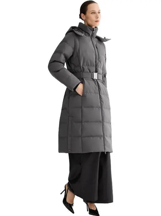 OROLAY Celeste Long Hooded Belted Down Coat - Gray