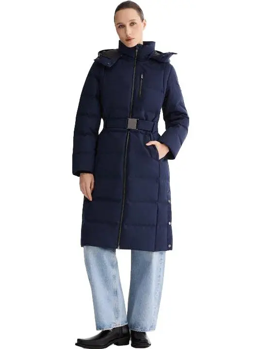 OROLAY Celeste Long Hooded Belted Down Coat - Navy