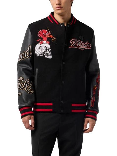 Philipp Plein Varsity Bomber With Leather Sleeves Devil Skull - Black