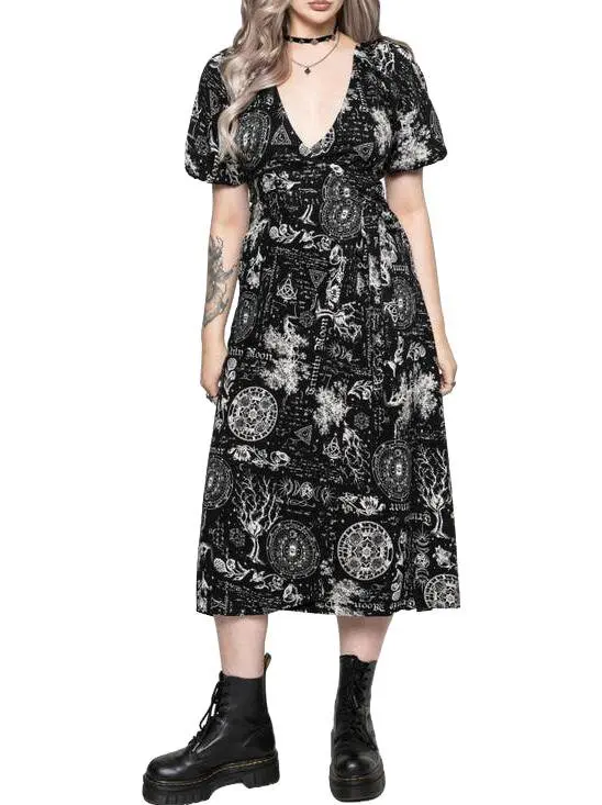 DISTURBIA V-neck Celestial Print Wrap Midi Dress - Black