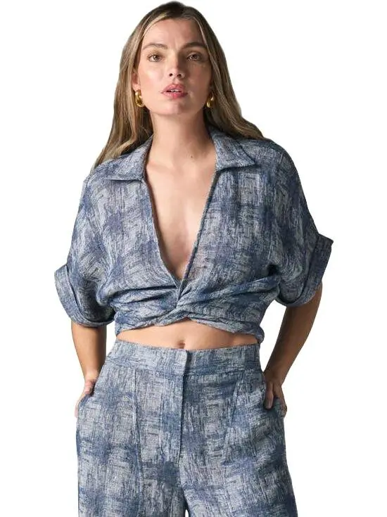 JBQ Chiara Cropped Wrap Blouse - Blue/beige