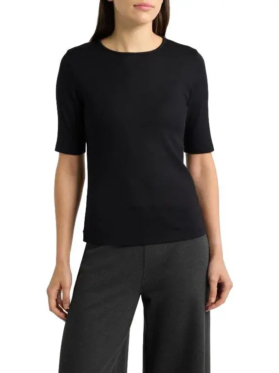 Eileen Fisher Organic Cotton Crewneck Elbow Sleeve Top - Black