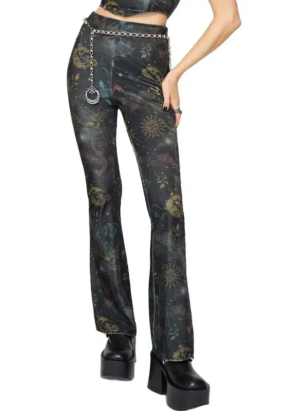 DISTURBIA Phoenix Dragon Velour Flare Trouser - Green