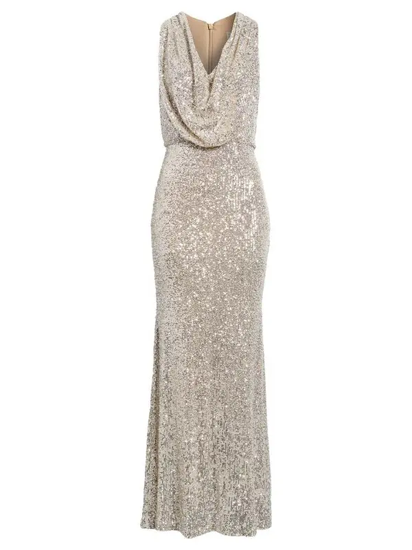 Eliza J Sequined Cowl Neck Maxi Gown - Silver