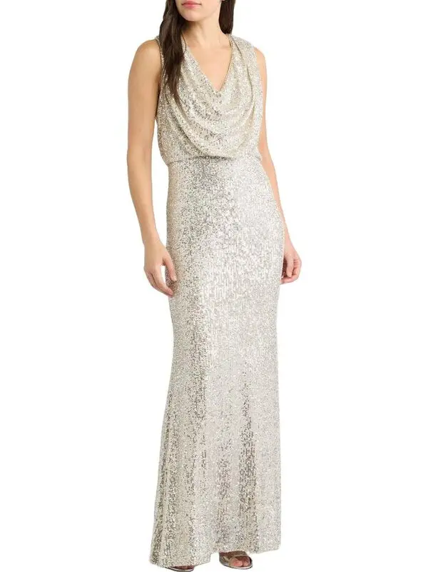 Eliza J Sequined Cowl Neck Maxi Gown - Silver