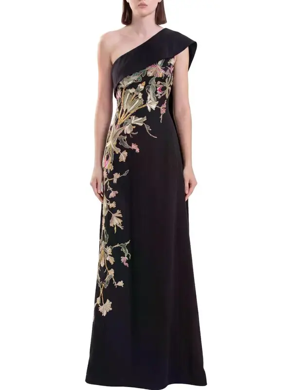 SAIID KOBEISY One-shoulder Floral-embroidered Evening Dress - Black