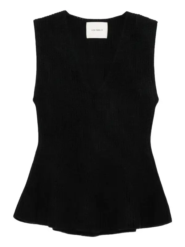LISA YANG Ribbed Knit V-neck Top - Black