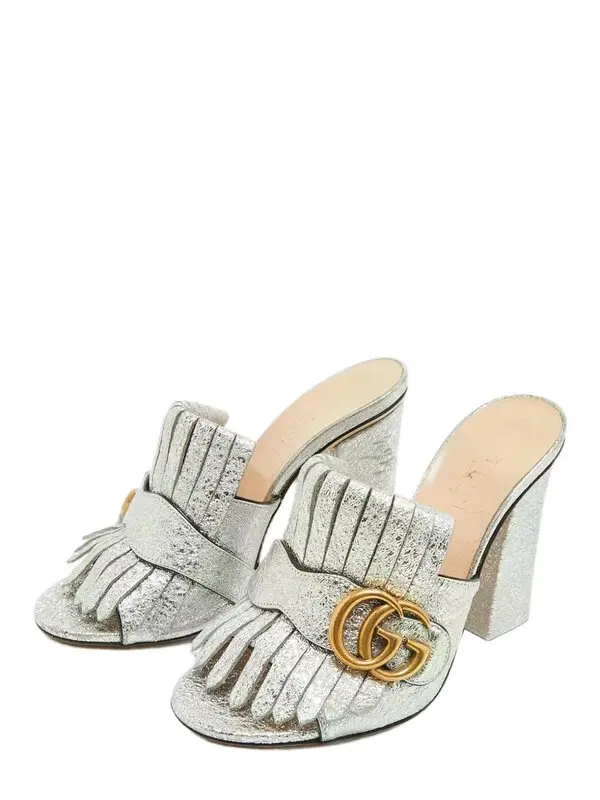 Gucci Leather Gg Marmont Fringed Block Heel Slide Sandals - Silver