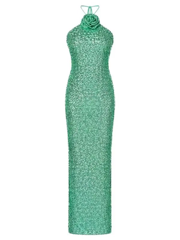 ROSERRY Sequin-embellished Floral-appliqué Dress - Green