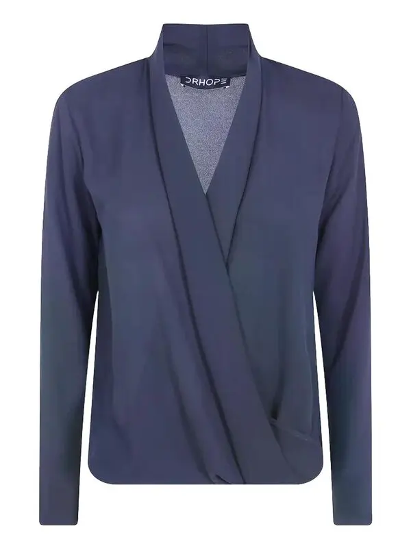 DRHOPE Wrap-style Long-sleeve Blouse - Blue