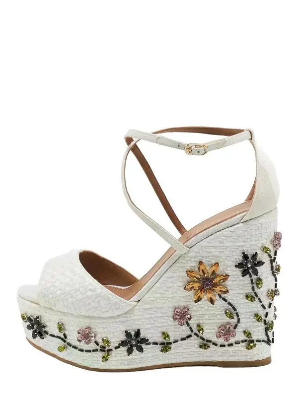 LE SILLA Crystal Embellished Raffia Wedge Sandals - White