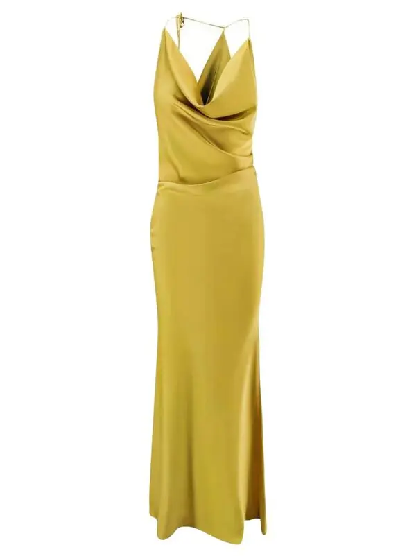 ACTUALEE Draped Neckline Satin Maxi Dress - Yellow