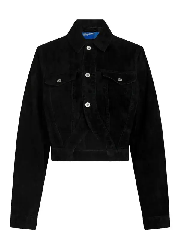 Karl Lagerfeld Cropped Velvet Finish Denim Jacket - Black