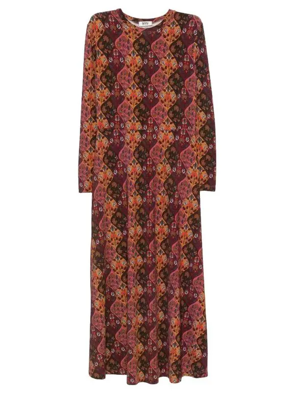 SIYU Floral Print Long Sleeve Midi Dress - Brown