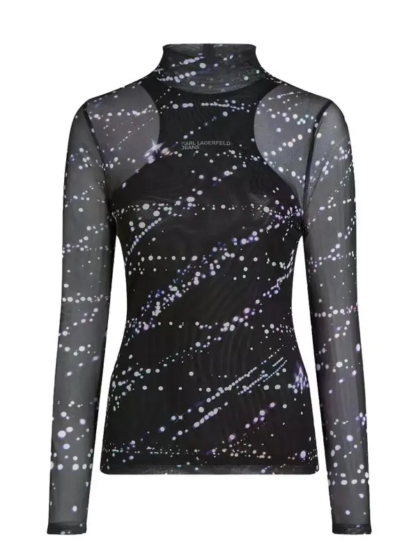 Karl Lagerfeld Mesh All-over-print High Neck Long Sleeve Top - Black