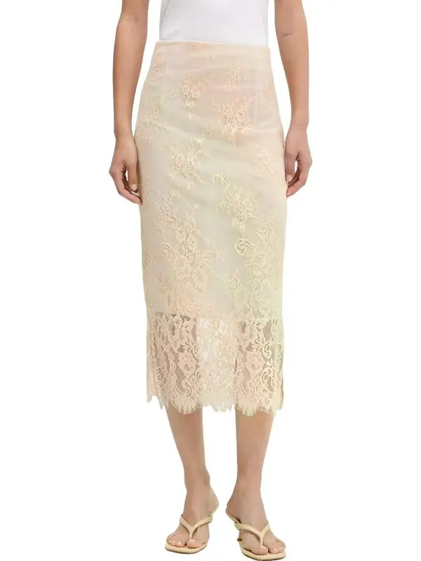 VICOLO Lace-overlay Side-slit Midi Skirt - Neutrals