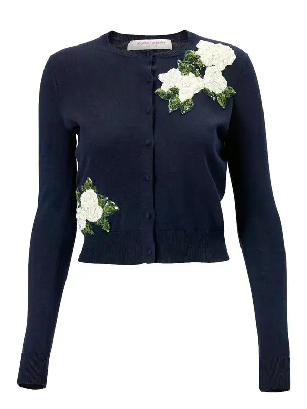 Carolina Herrera Floral-embroidered Sequin-embellished Cardigan - Blue