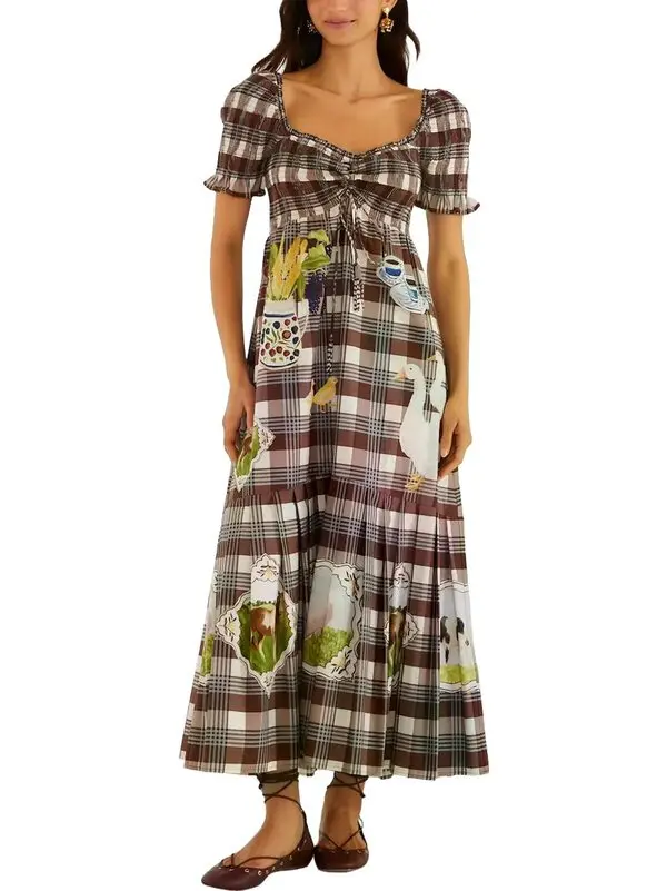 Farm Rio Country Table Tartan Smocked Maxi Dress - Brown