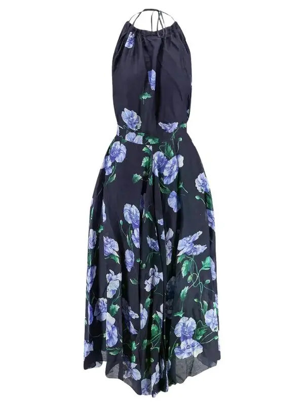 LAVI COUTURE Plumeria Floral Gathered Ramie Dress - Blue