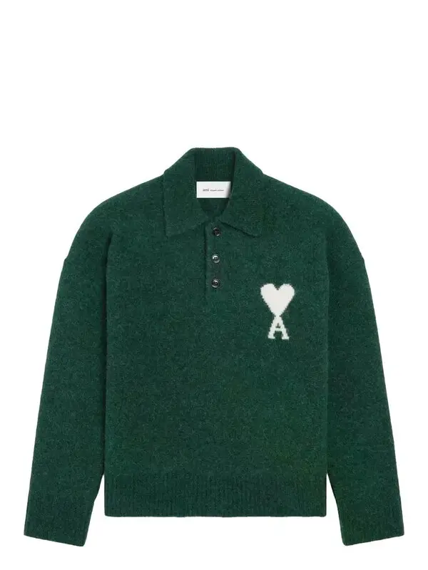 AMI Paris Alpaca Wool Polo With De Coeur Intarsia - Green